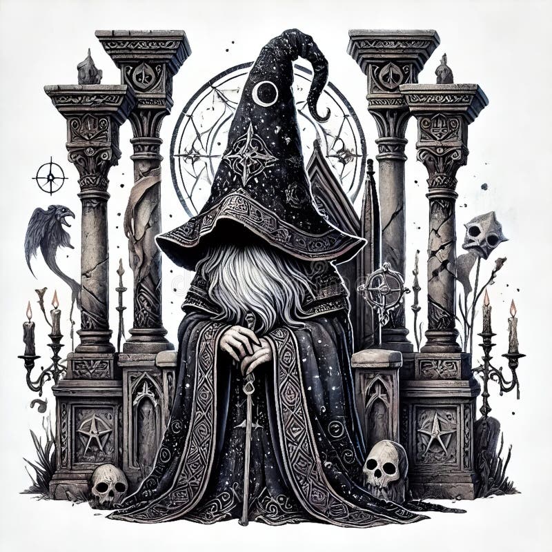 Mystical Wizard in Haunting Setting with Candles and Skulls ...