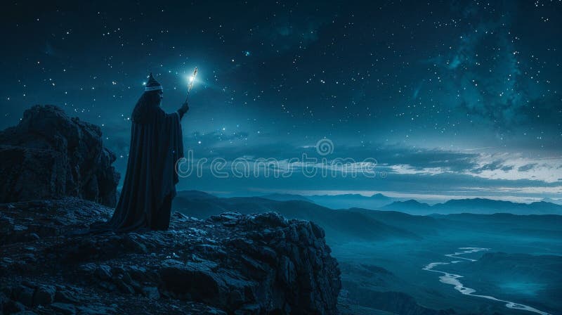 Mystical Wizard on Rocky Cliff Casting a Spell Under a Starry Night Sky ...