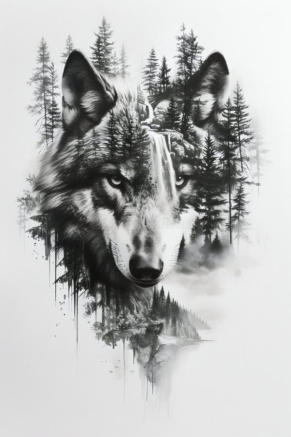 Mystical Wolf Double Exposure with Forest Landscape. Generative Ai ...