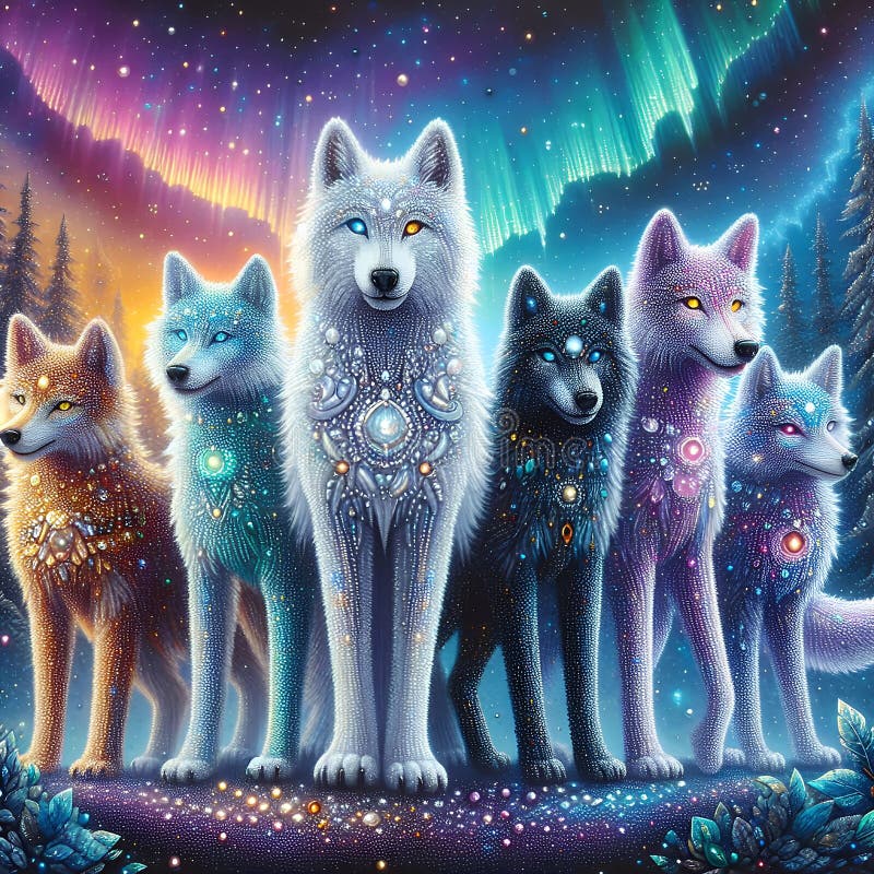 Mystical Wolves in an Aurora-Lit Enchanted Forest Stock Image - Image ...