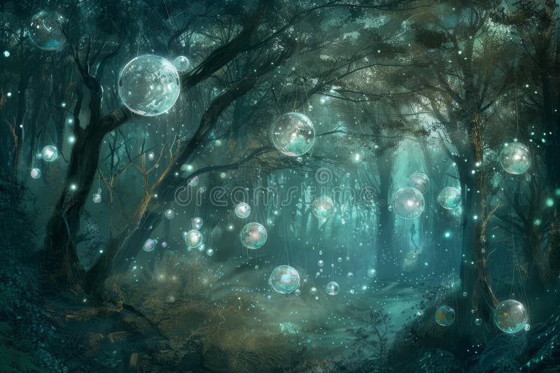 A Mystical Woodland Filled with Floating Orbs of Light and Shimmering ...