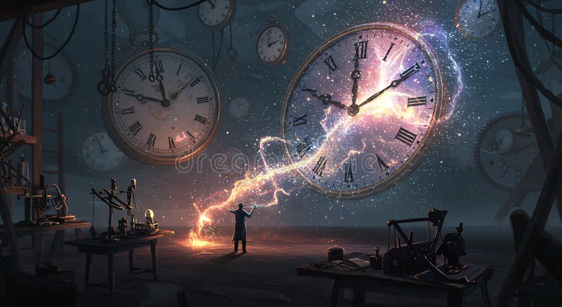 A Mystical Workshop Scene Features Various Analog Clocks of Different ...