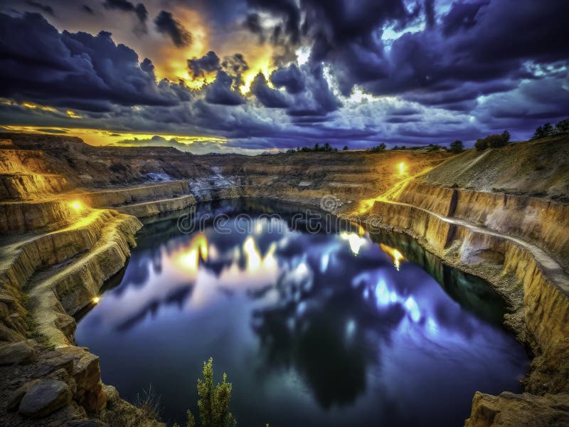 A Mystifying Nightfall at the Flooded Quarry Lake Dramatic Scenery of a ...