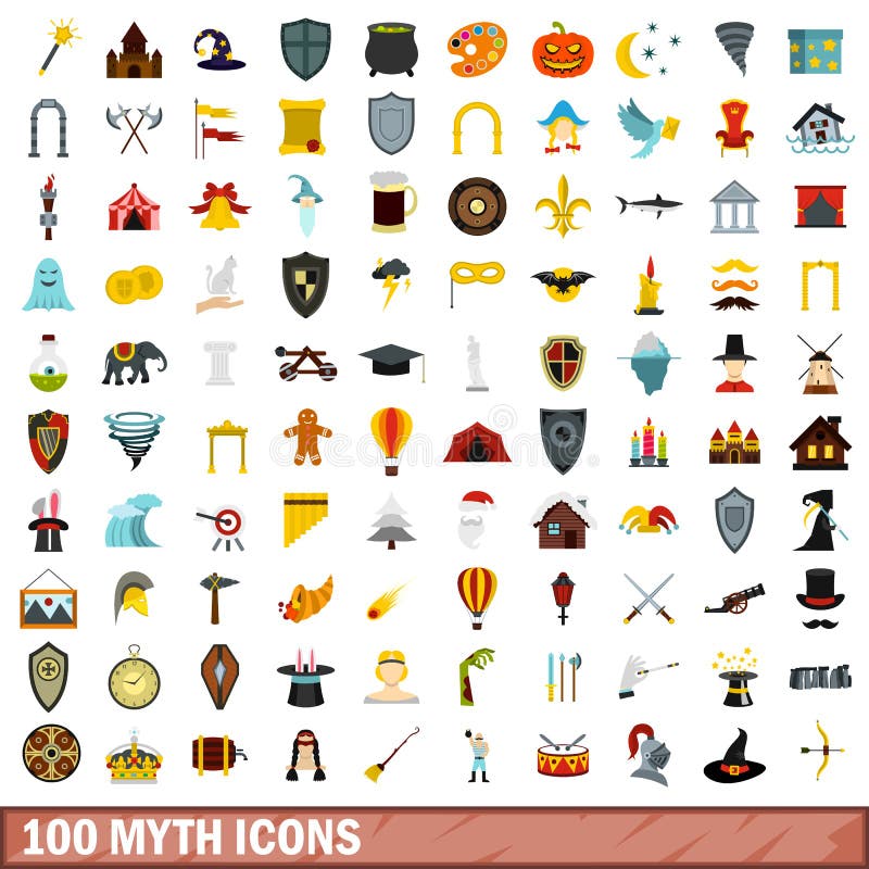 100 Myth Icons Set, Flat Style Stock Vector - Illustration of magician ...
