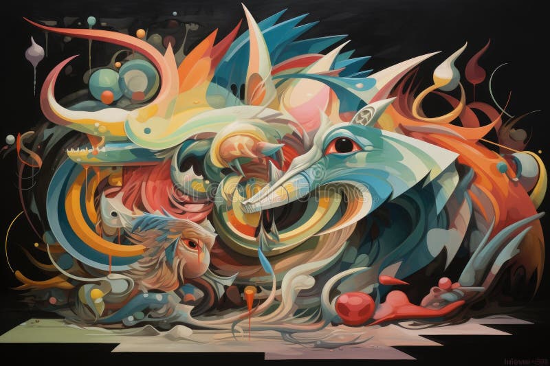 Mythical Animals and Creatures in an Abstract Composition Stock ...