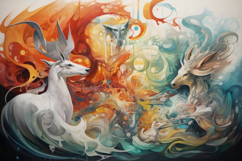 Mythical Animals and Creatures in an Abstract Composition Stock ...