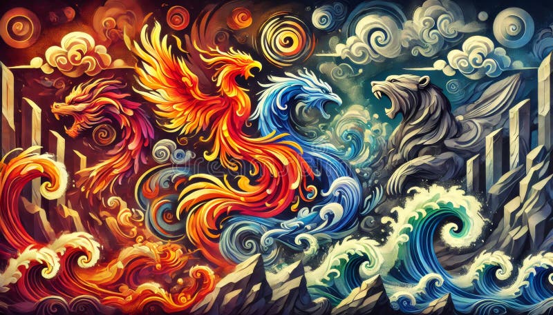 Mythical Animals Representing Four Classical Elements, Fire, Water, Air ...