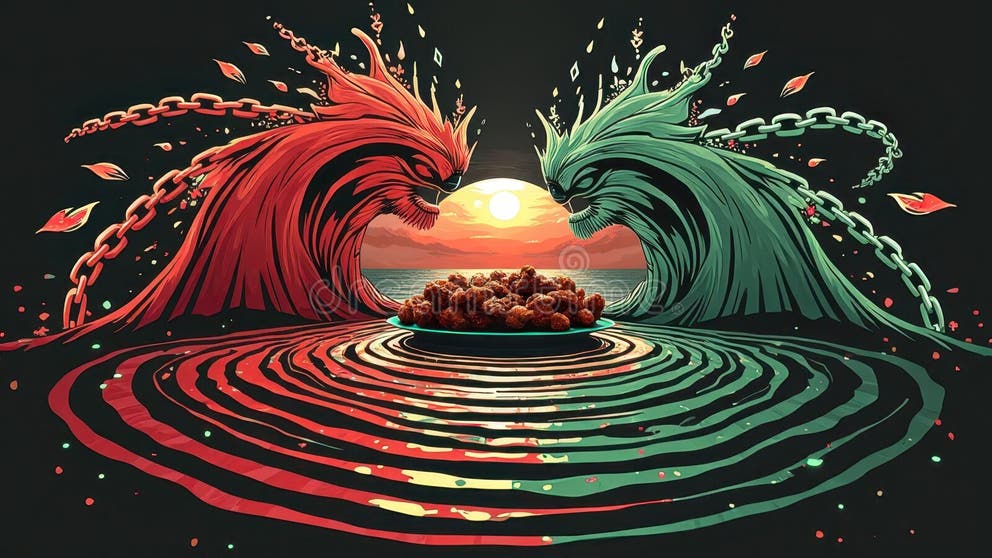 Mythical Battle between Red and Green Creatures Over a Bowl at Sunset ...