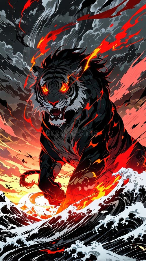 Mythical Big Tiger Walk Across the Sea Illustration Stock Image - Image ...