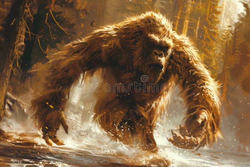 Mythical Creature Bigfoot Walks through a Forest River Stock Image ...