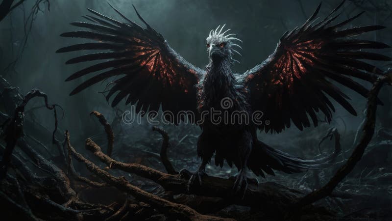 Mythical Creature with Black Wings and Red Eyes in a Dark Forest Stock ...
