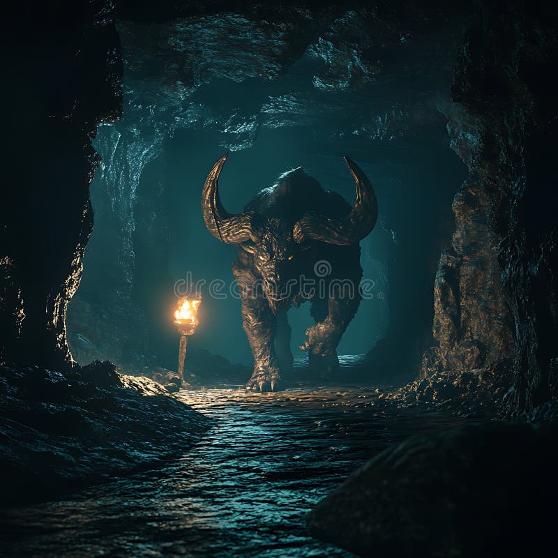 Mythical Creature in a Dark Cave with a Torch Illumination Stock ...