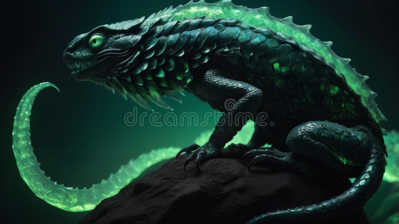 A Mythical Creature with Green Scales and Glowing Eyes Stock ...