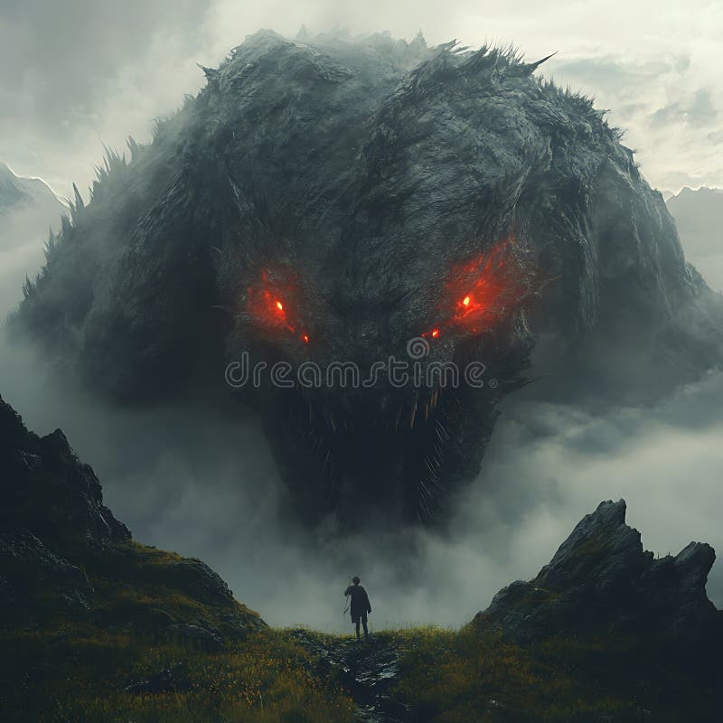 Mythical Creature Looming Over a Lone Figure, Dramatic Landscape Stock ...