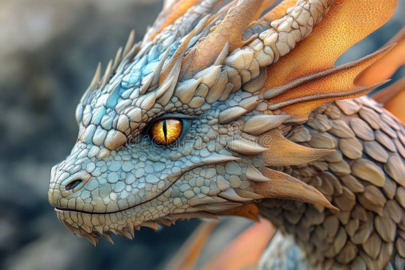 Mythical Creature with Orange and Blue Scales and Horns Posing ...