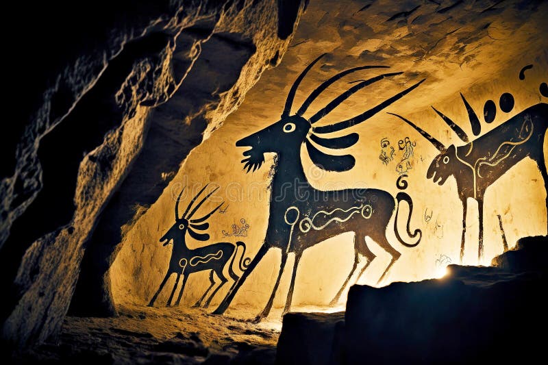 Mythical Creature Petroglyphs on Cave Wall Stock Illustration ...