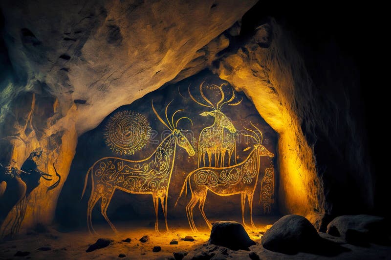Mythical Creature Petroglyphs on Cave Wall Stock Illustration ...