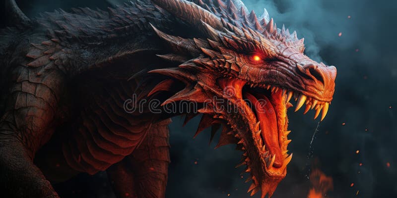 Mythical Creature Portrait Red Dragon Breathing Fire in Darkness Stock ...