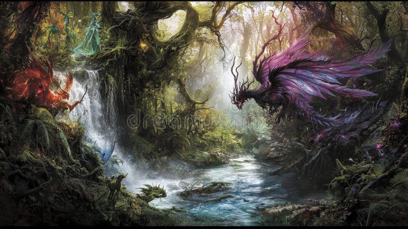 Mythical Creatures Encounter in Enchanted Forest Fantasy Artwork Lush ...