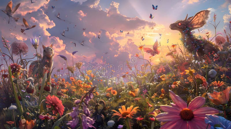 Mythical Creatures in a Flower Meadow at Dawn Stock Illustration ...