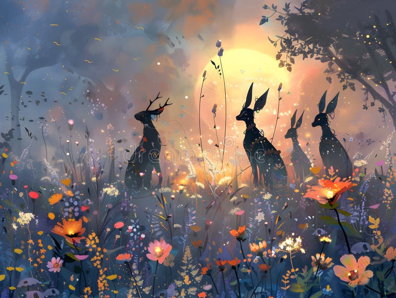 Mythical Creatures in a Flower Meadow at Dawn Stock Illustration ...