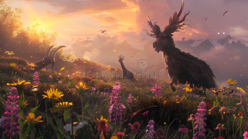 Mythical Creatures in a Flower Meadow at Dawn Stock Illustration ...