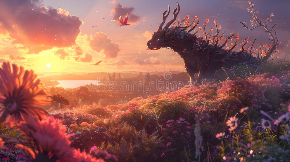 Mythical Creatures in a Flower Meadow at Dawn Stock Illustration ...
