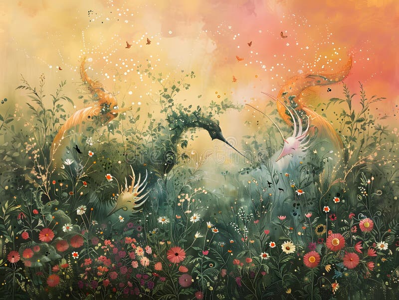 Mythical Creatures in a Flower Meadow at Dawn Stock Illustration ...