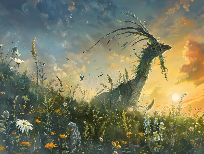 Mythical Creatures in a Flower Meadow at Dawn Stock Illustration ...