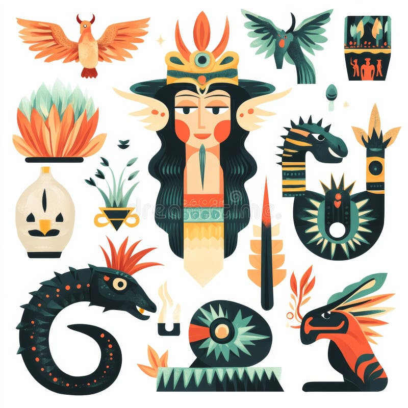 Mythical Creatures and Geometric Patterns Illustration Set Stock Photo ...