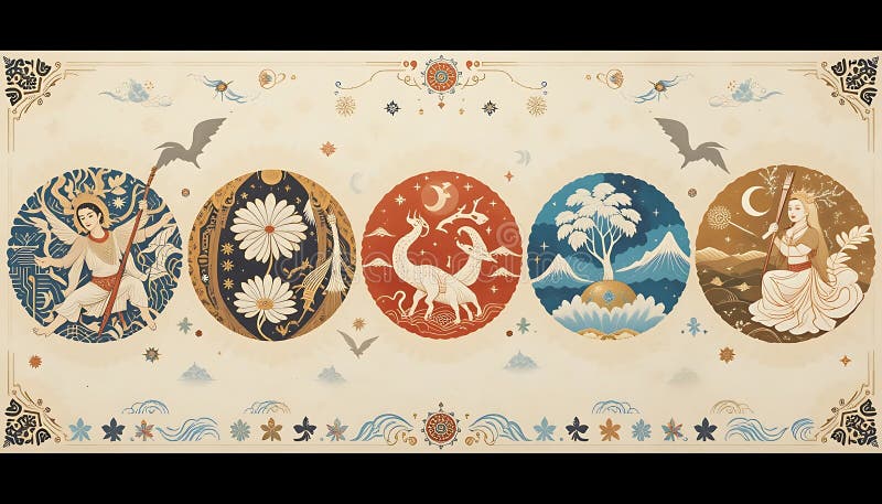 Mythical Creatures and Goddess Banner with Decorative Circular ...