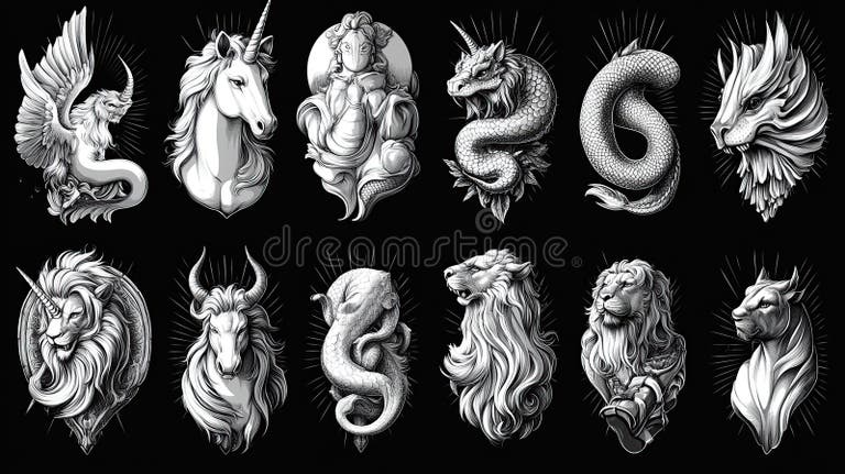 Mythical Creatures, Heraldic Emblems, and Beasts in a Vintage Style ...