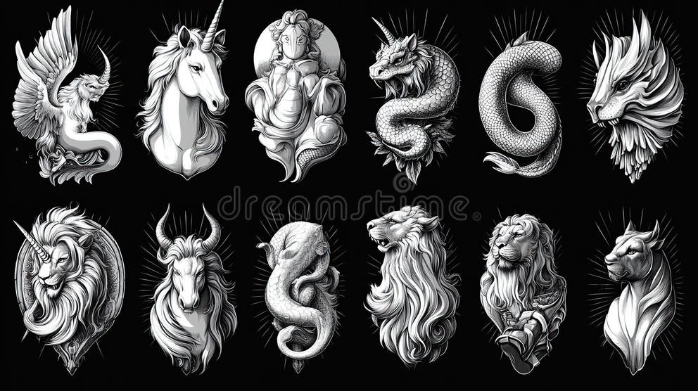 Mythical Creatures, Heraldic Emblems, and Beasts in a Vintage Style ...