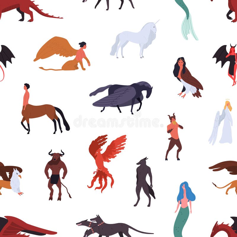 Mythical Creatures Seamless Pattern Isolated on White Background ...