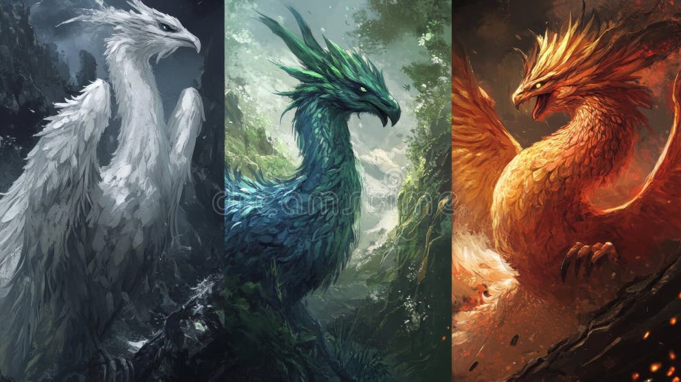 Mythical Creatures Triptych: White, Blue, and Gold Dragons Stock ...