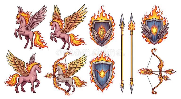 Mythical Creatures and Weapons on Fire Set of Vector Illustrations ...