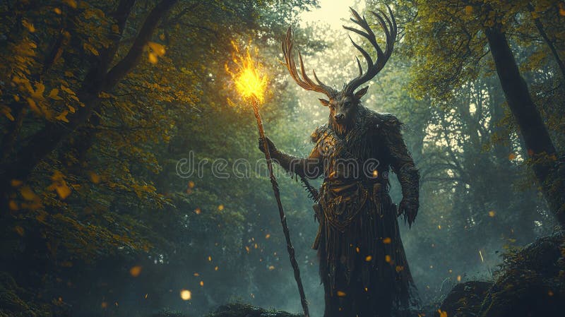 Mythical Deer-headed Creature in Forest, Holding a Burning Torch Stock ...