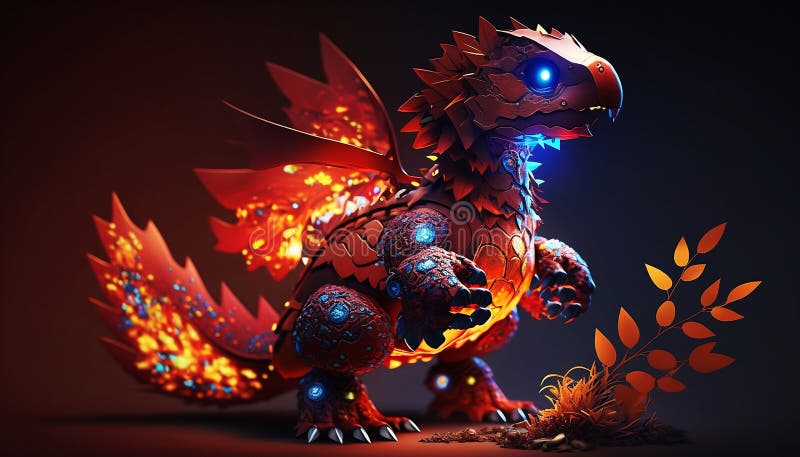 Mythical Dinosaur in Fire Flames on Dark Background Stock Illustration ...