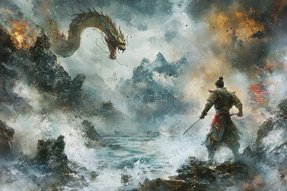 A Mythical Dragon is Being Battled by a Warrior in a Dramatic, Stormy ...