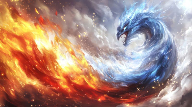 Fiery and Icy Dragons Clashing in Epic Celestial Battle Stock ...
