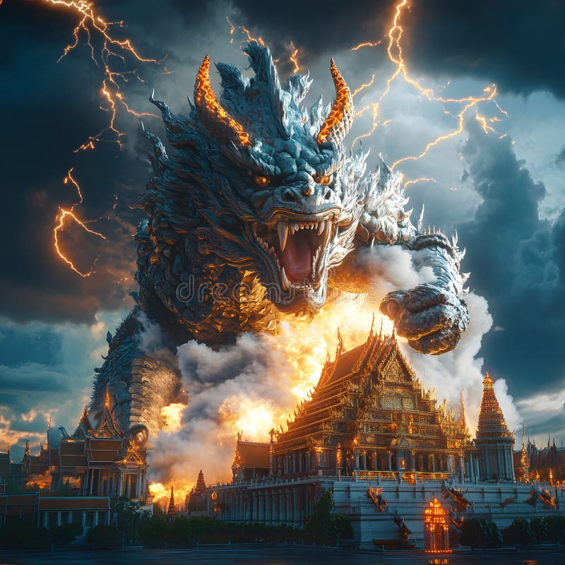 Mythical Dragon Emerging from Storm, Dramatic Scene with Temple Stock ...