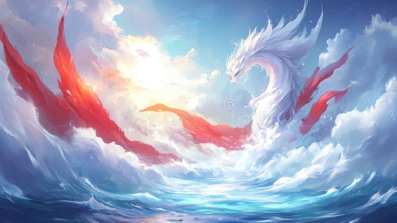 A Mythical Dragon-like Creature Emerges from Vibrant Clouds Over a ...