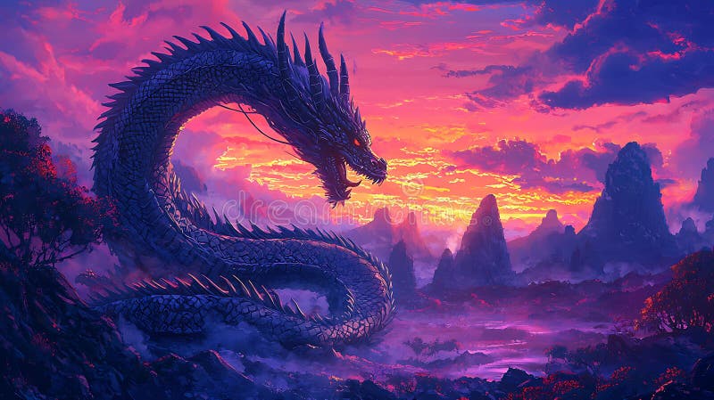 Mythical Dragon Silhouette at Sunset, Vibrant Colors Stock Illustration ...