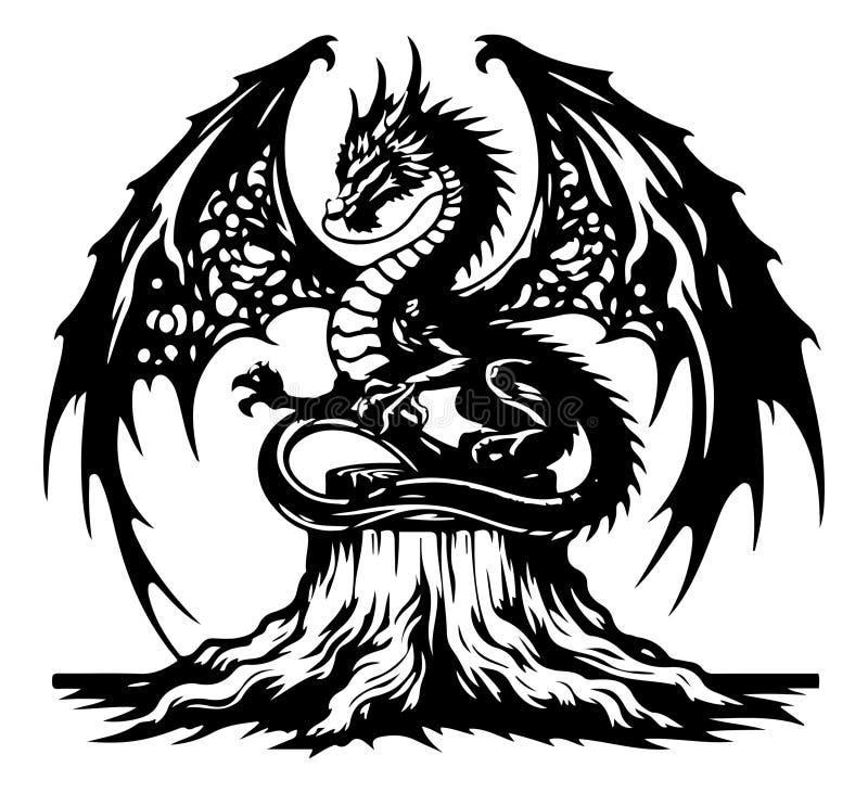 Mythical Dragon Wrapped Around Tree Silhouette Stock Vector ...