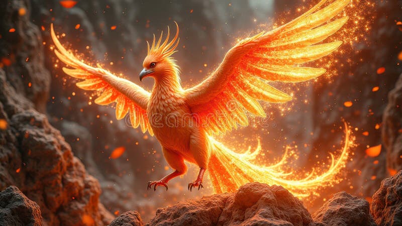 Mythical Fiery Phoenix Bird Spreading Vibrant Glowing Wings in Magical ...