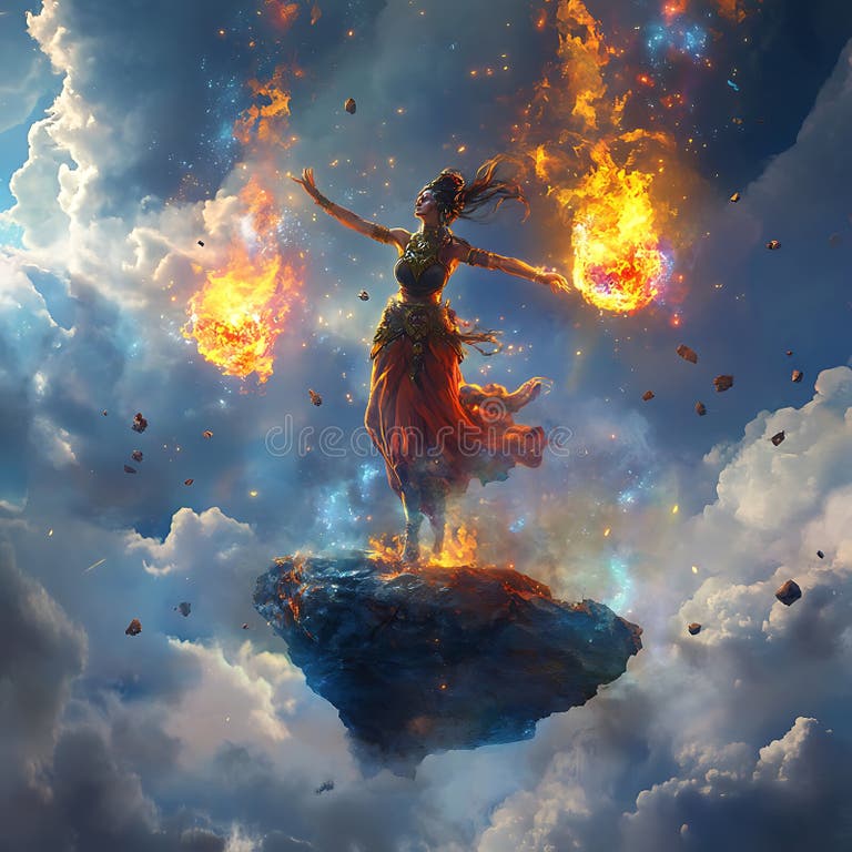 Mythical Figure Conjuring Fire in a Mystical Sky Stock Illustration ...