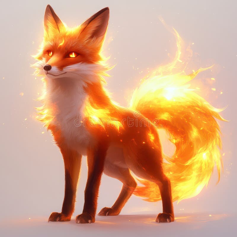 Mythical Flame Fox with Glowing Fiery Tails, Radiating Warmth and Magic Stock Illustration ...