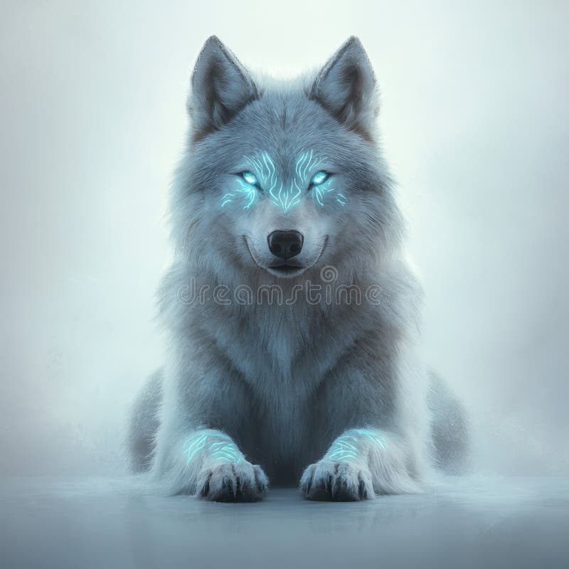 Mythical Frost Wolf with Glowing Icy Patterns Sits Majestically Stock ...