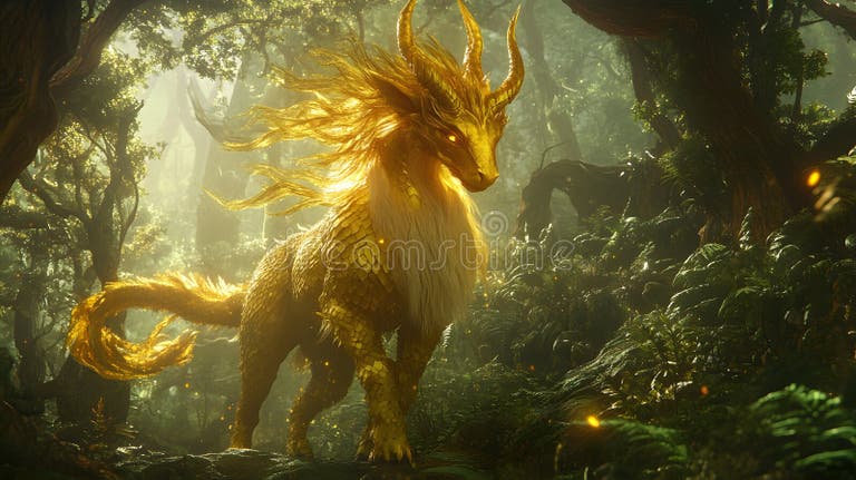 Mythical Golden Creature in a Magical Forest Setting Stock Illustration ...