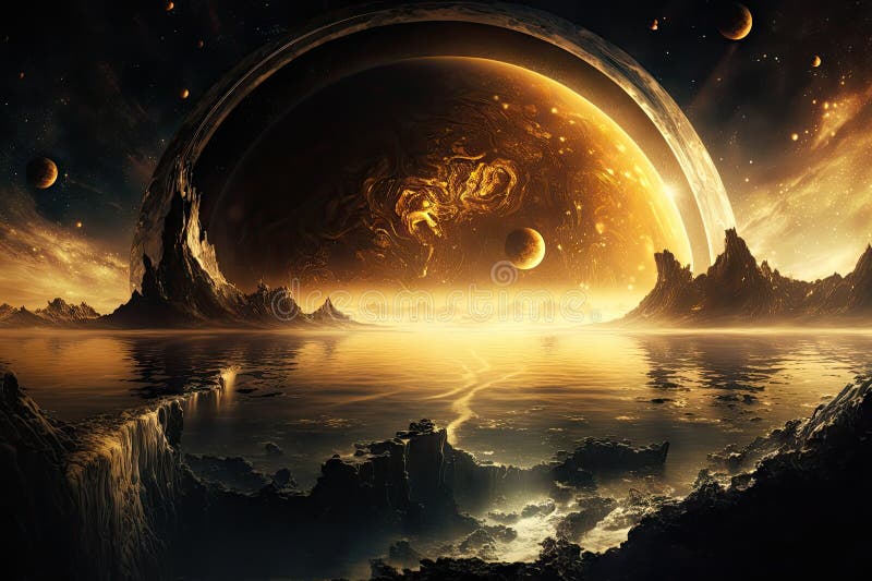 Mythical Golden Space with Ocean and Young Moon Stock Illustration ...